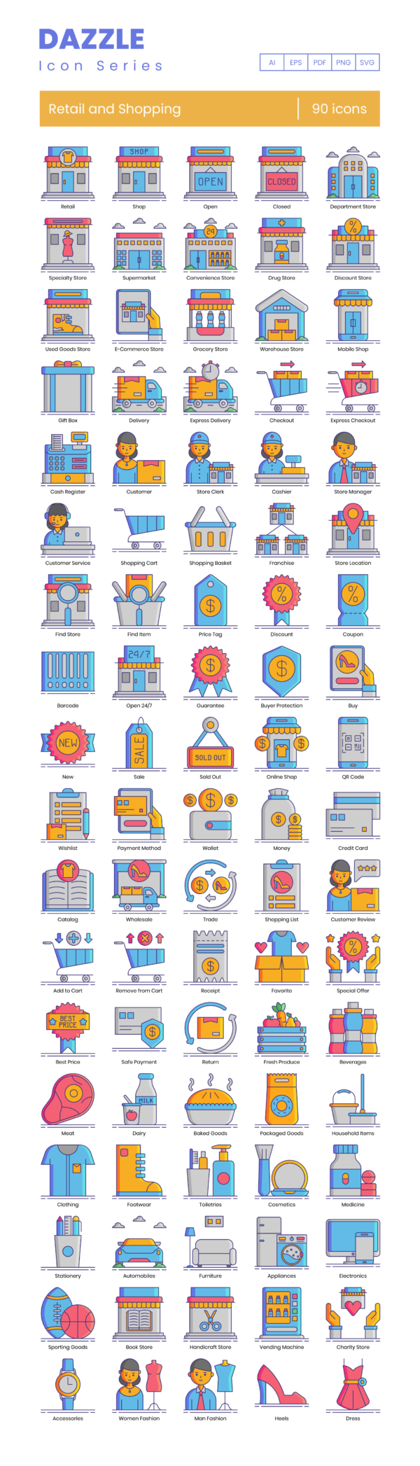 90 Shopping and Retail Icon Set - Flat Icons