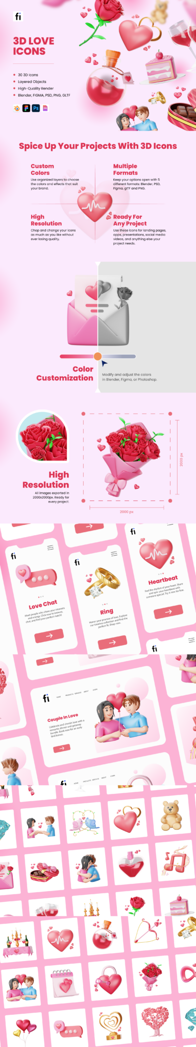 3D Love Icon Set - Flat Icons