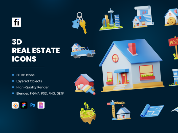 3D Real Estate Icon Set - Flat Icons