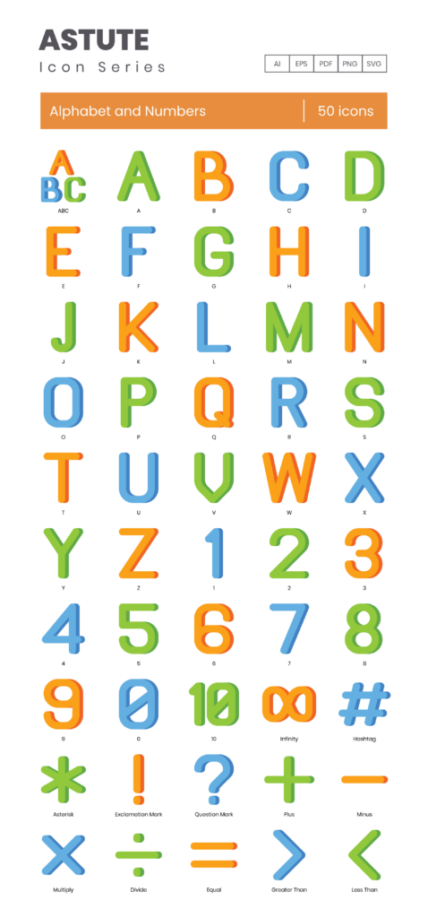 50 Numbers and Alphabet Icon Set - Flat Icons