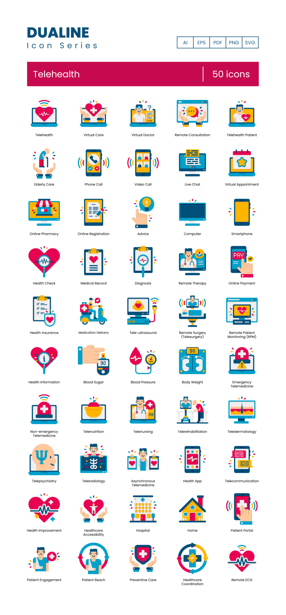 50 Telemedicine Icon Set - Flat Icons