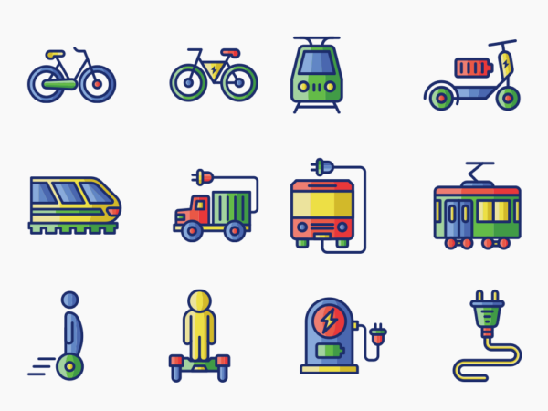 55 Sustainable Transport Icon Set - Flat Icons