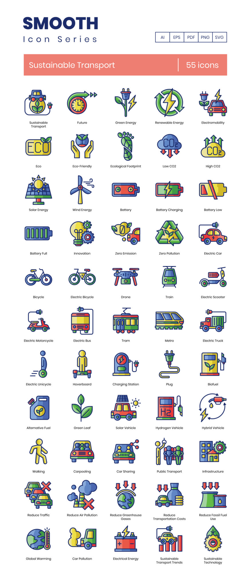 55 Sustainable Transport Icon Set - Flat Icons