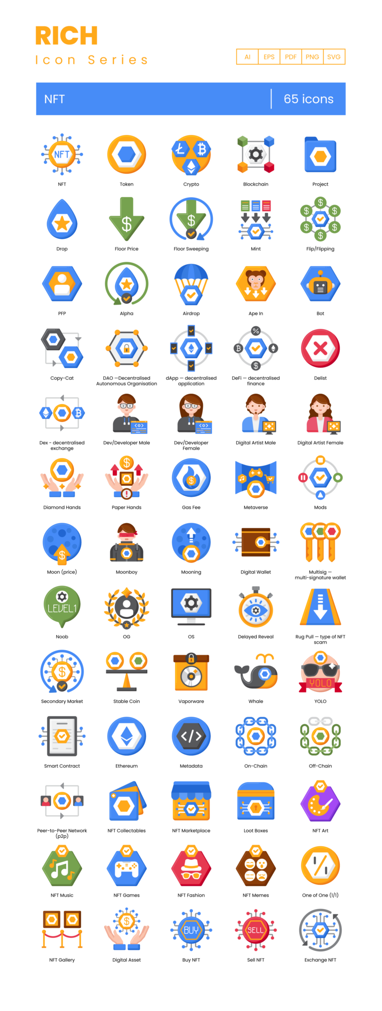 65 Non-Fungible Tokens Icon Set - Flat Icons