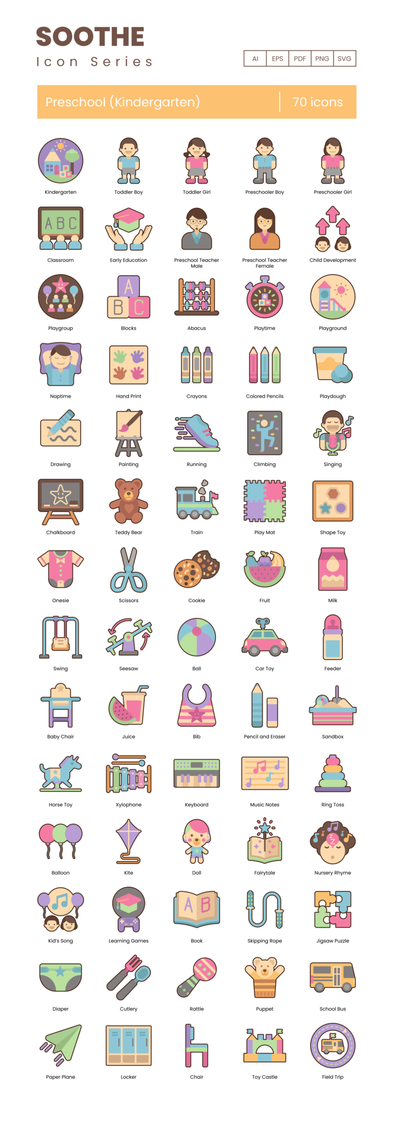 70 Childcare Center Icon Set - Flat Icons