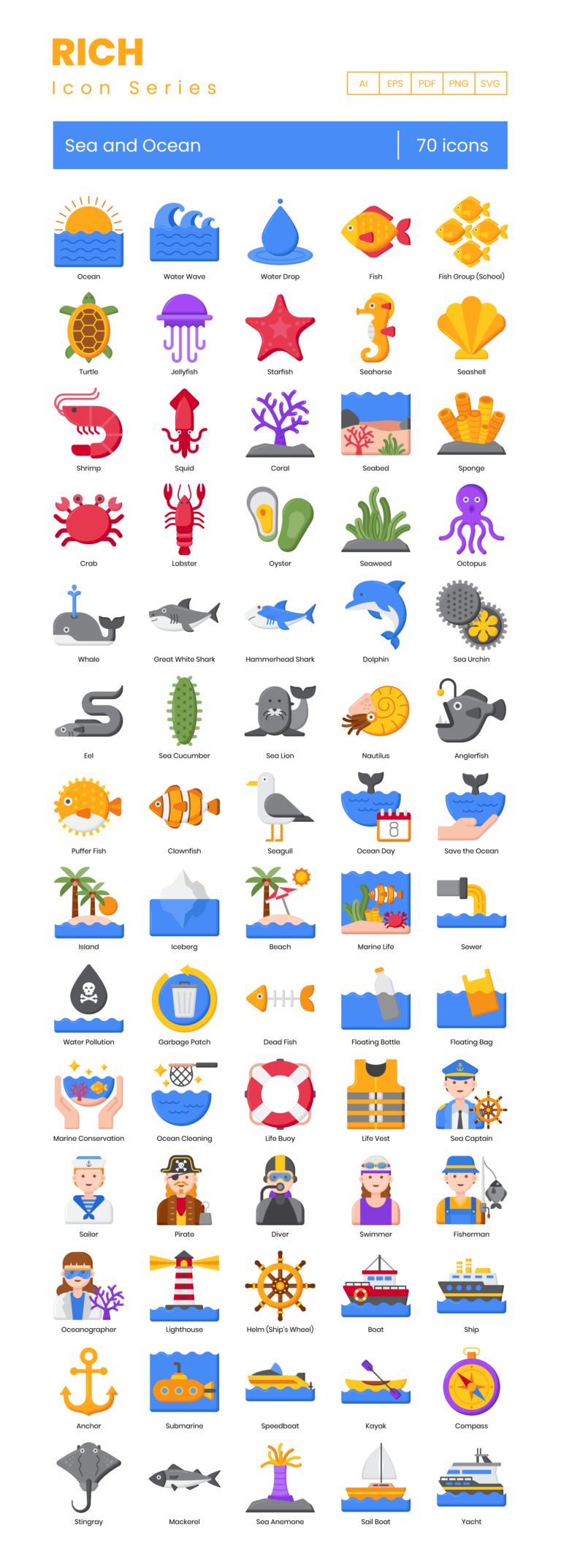 70 Marine Life Icon Set - Flat Icons