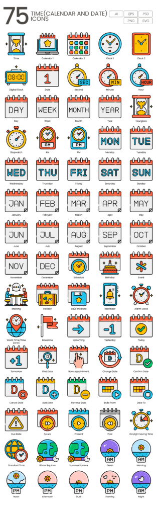 75 Date and Time Icon Set - Flat Icons