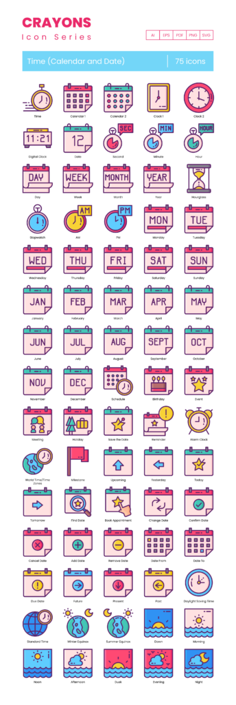 75 Day and Date Icon Set - Flat Icons