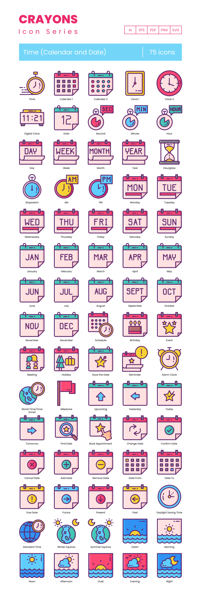 75 Day and Date Icon Set - Flat Icons