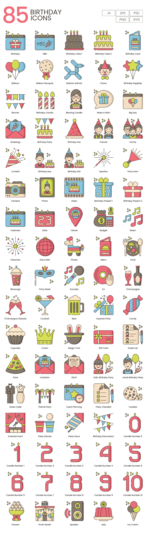 85 Birthday Icon Set - Flat Icons