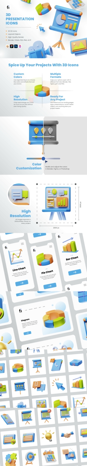 3D Presentation Icon Set - Flat Icons