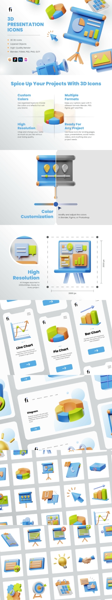 3D Presentation Icon Set - Flat Icons