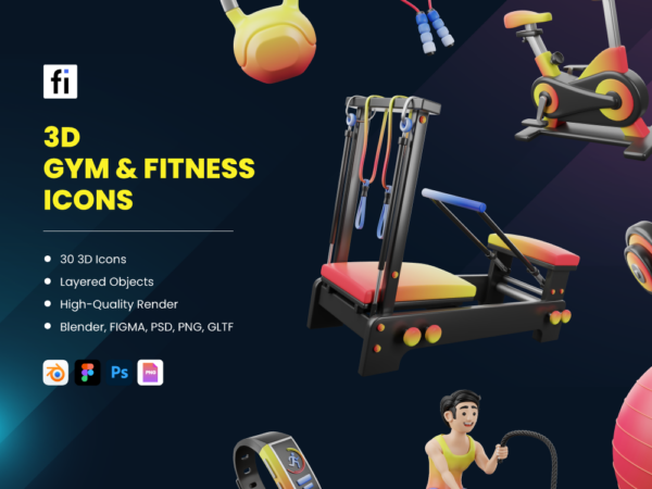 3D Gym & Fitness Icon Set - Flat Icons