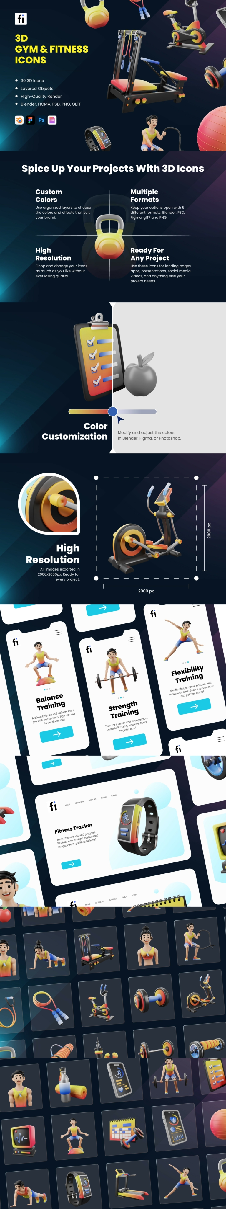 3D Gym & Fitness Icon Set - Flat Icons