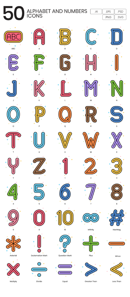 50 Letters and Symbols Icon Set - Flat Icons