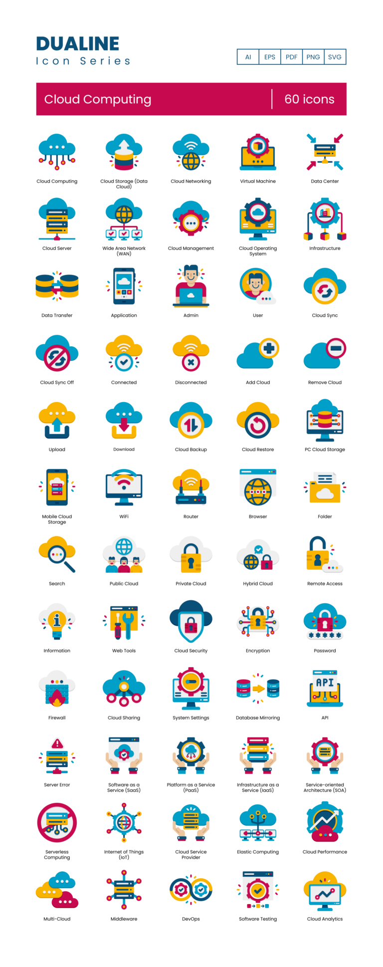60 Cloud Services Icon Set - Flat Icons