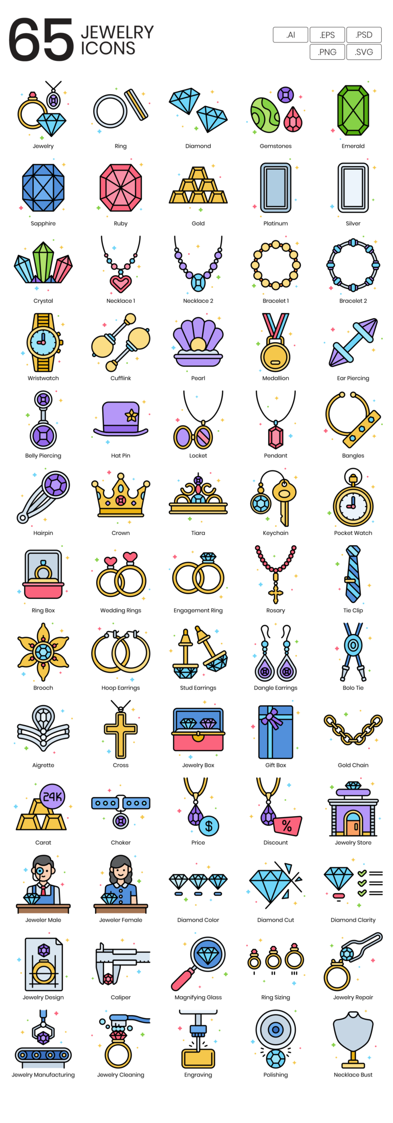 65 Jewelry Icon Set - Flat Icons