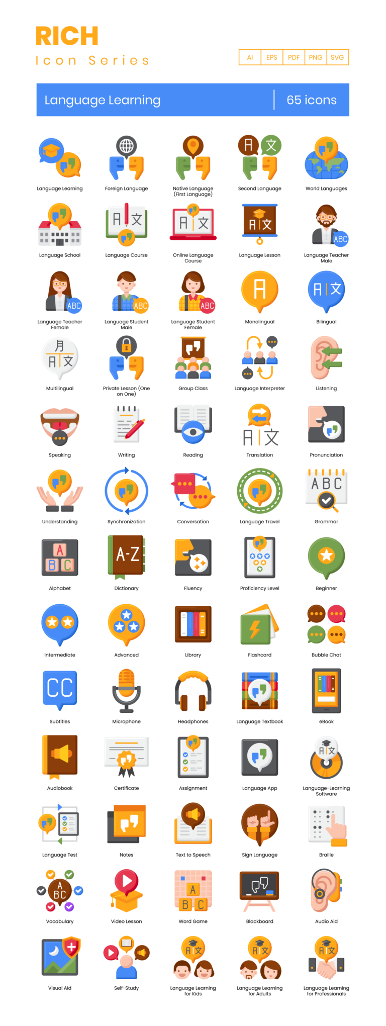 65 Language Education Icon Set - Flat Icons