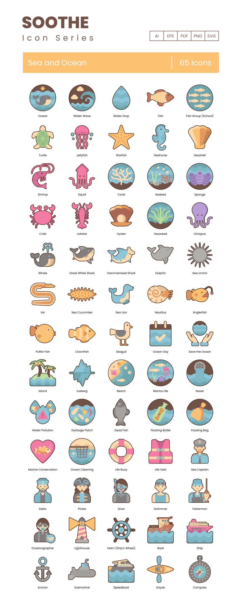 65 Sea Life Icon Set - Flat Icons
