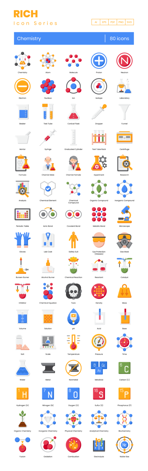 80 Chemistry Icon Set - Flat Icons