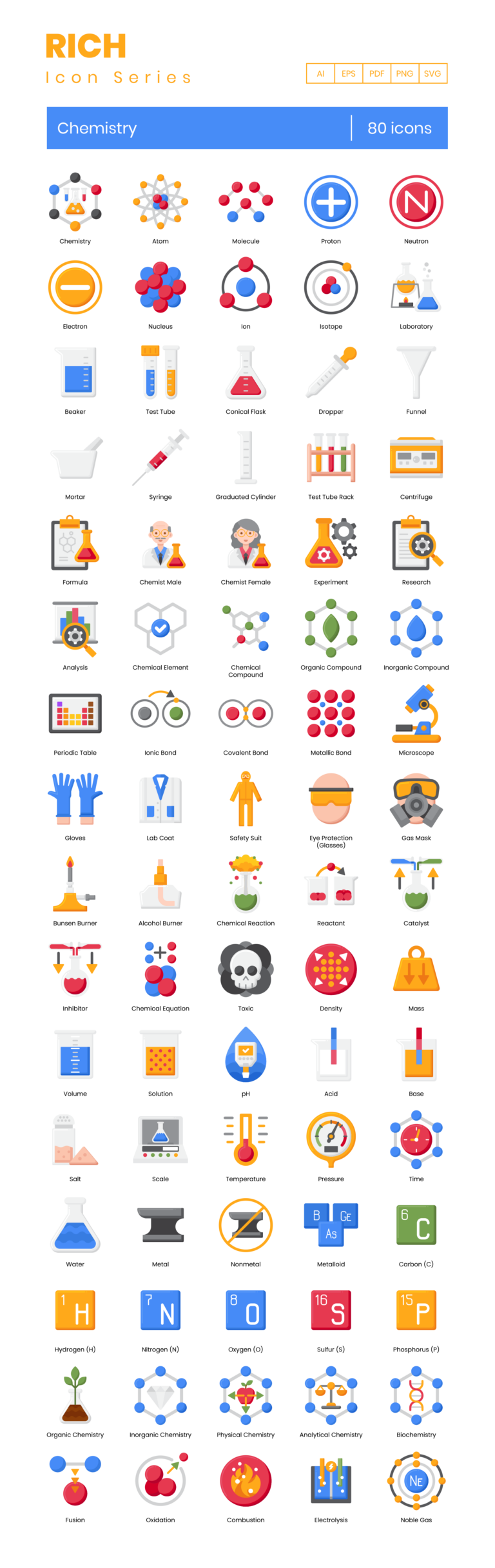 80 Chemistry Icon Set - Flat Icons