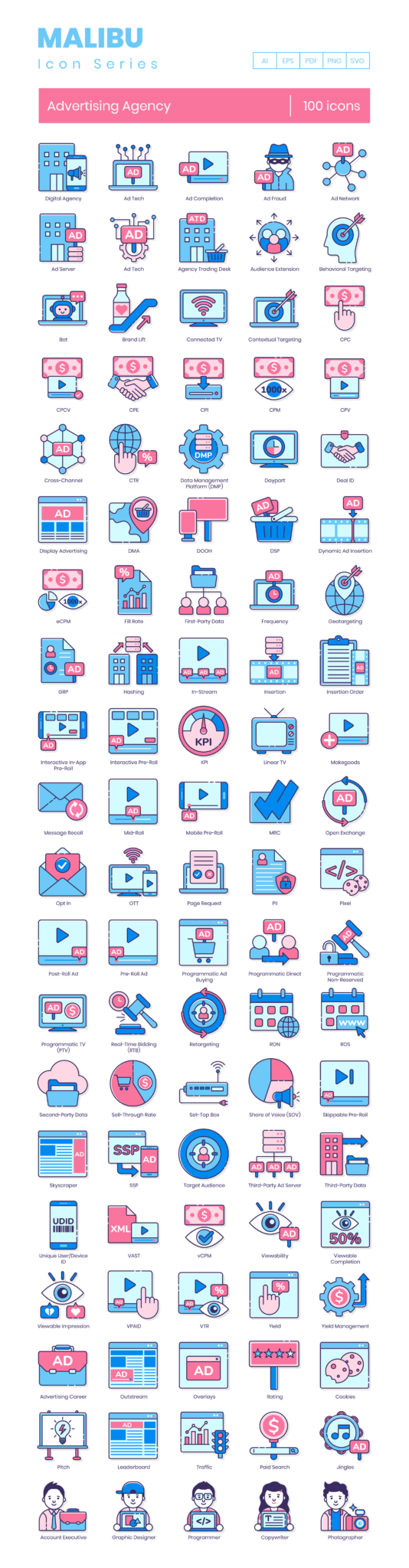 100 Advertising Agency Icon Set - Flat Icons