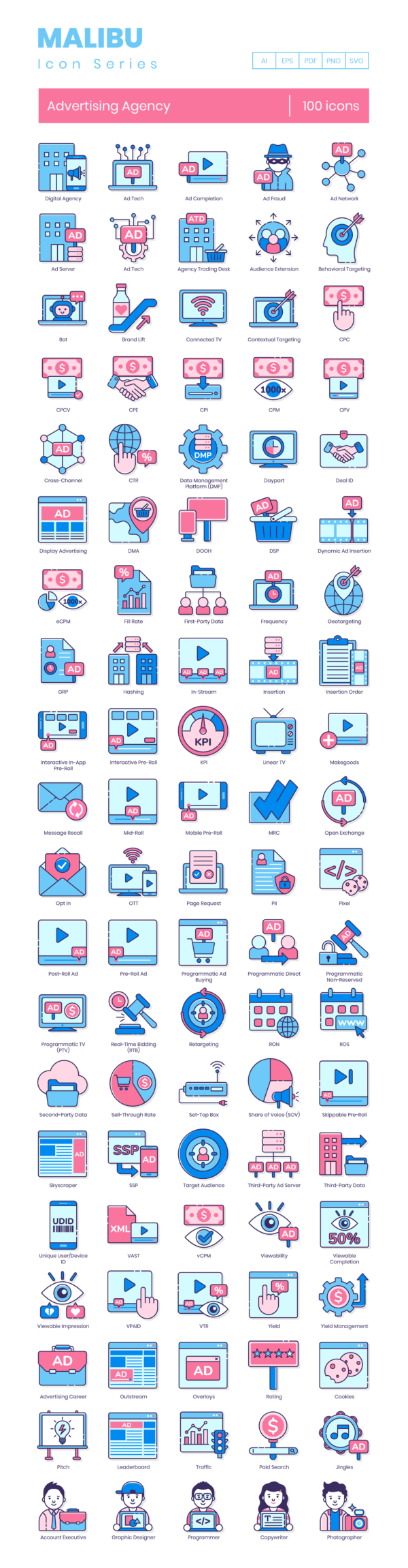 100 Advertising Agency Icon Set - Flat Icons