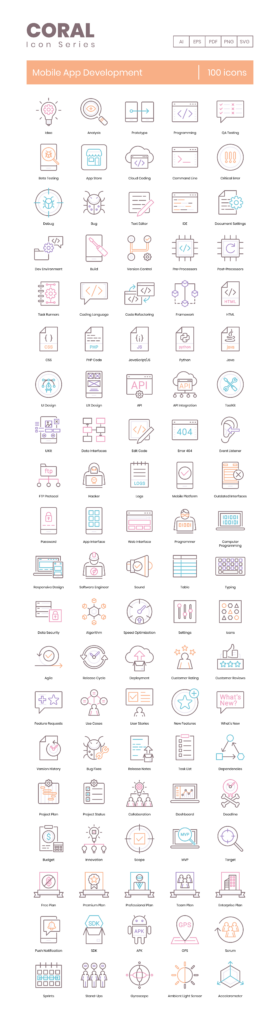100 Mobile Software Development Icon Set - Flat Icons
