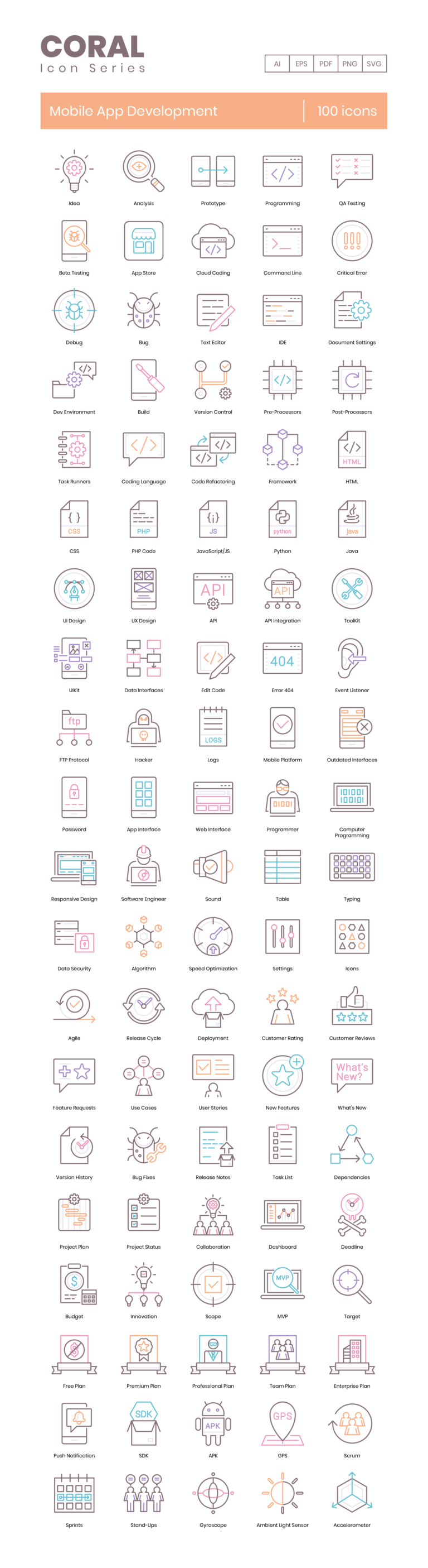 100 Mobile Software Development Icon Set - Flat Icons