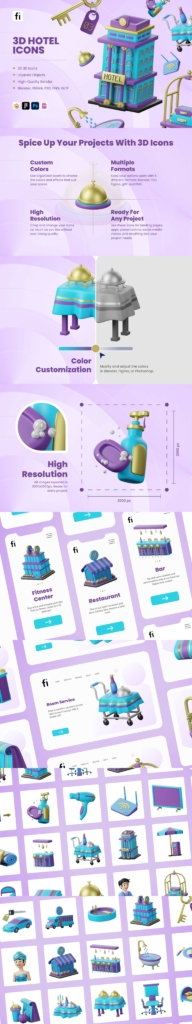 3D Hotel Icon Set - Flat Icons