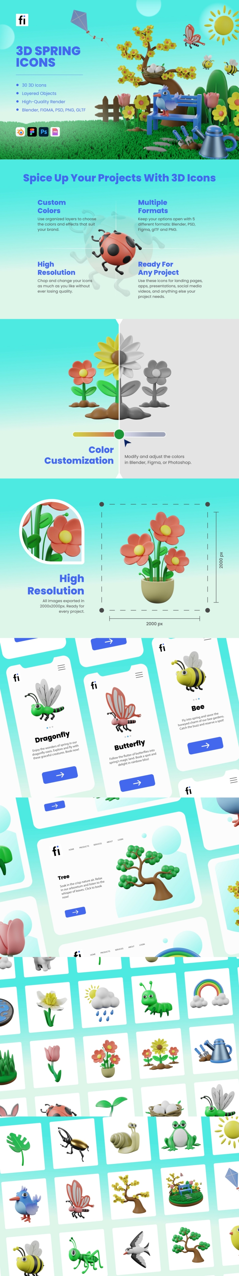 3D Spring Icon Set - Flat Icons