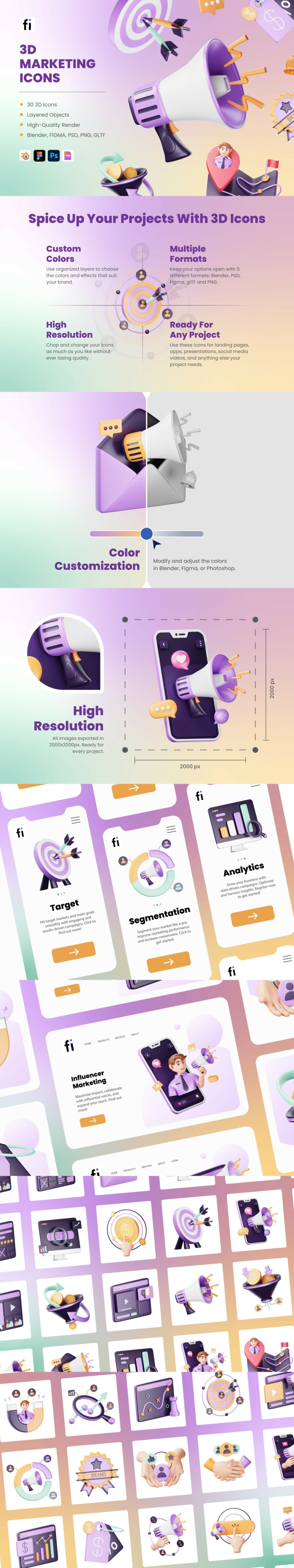 3D Marketing Icon Set - Flat Icons