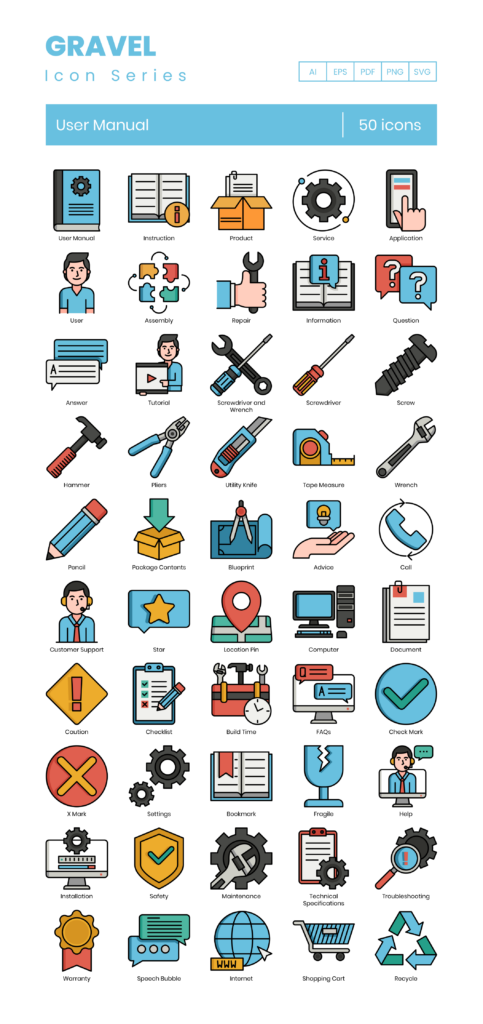50 Instruction Manual Icon Set - Flat Icons