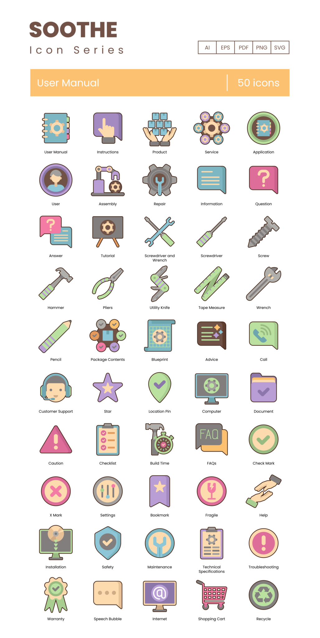 50 User Manual Icon Set - Flat Icons