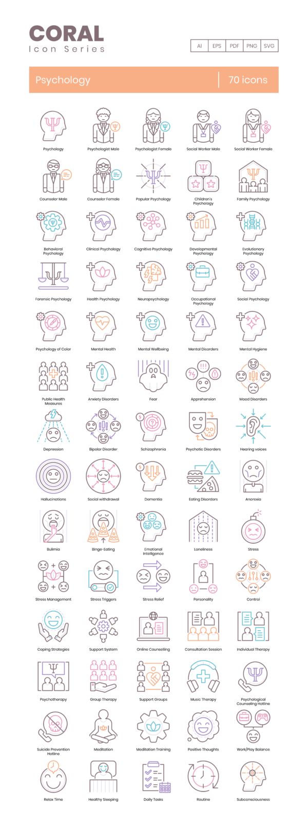 70 Psychoanalysis Icon Set - Flat Icons