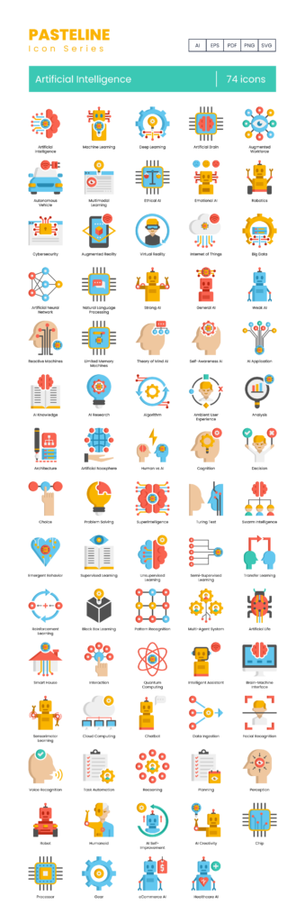 74 Artificial Intelligence Icon Set - Flat Icons