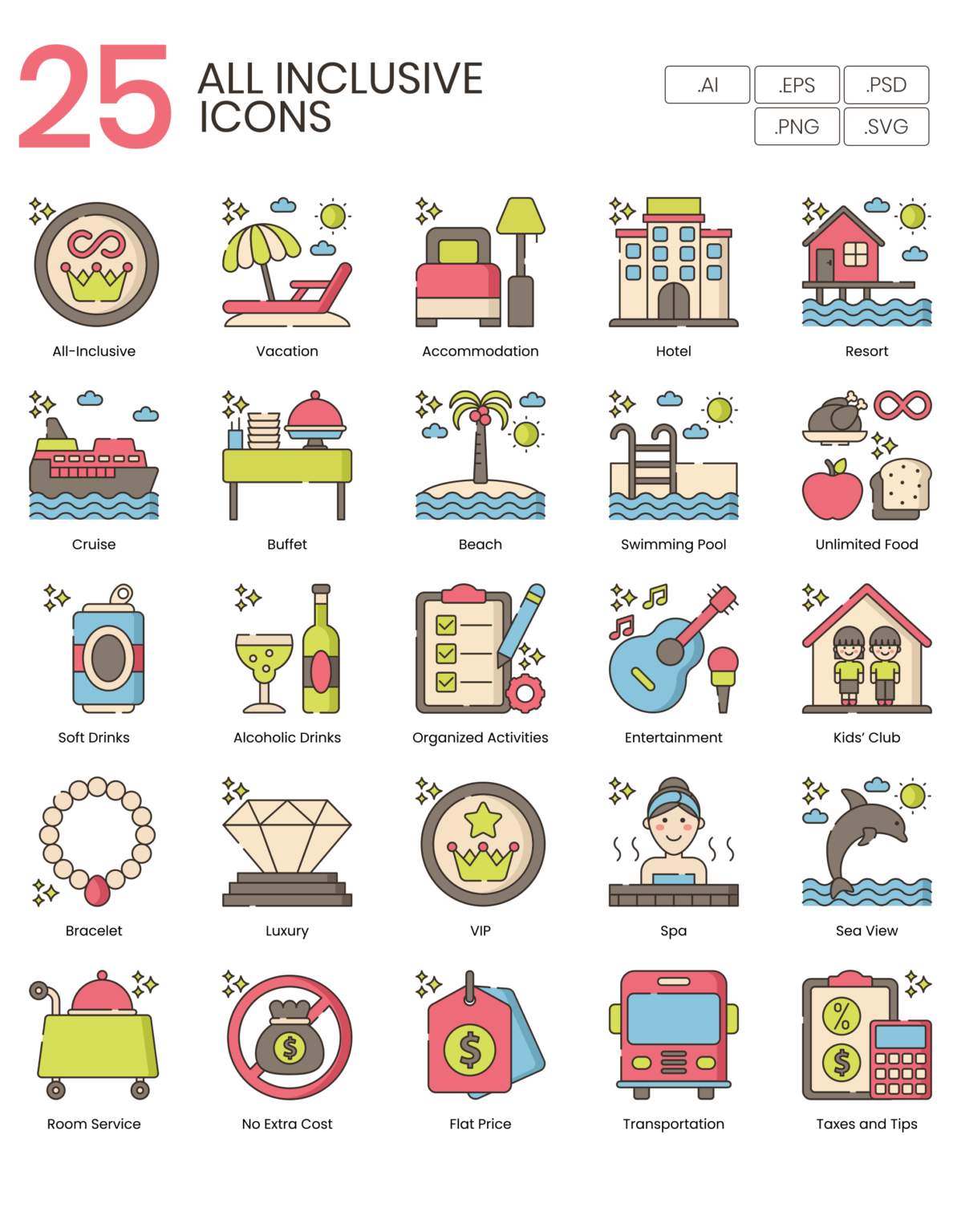 25 All-Inclusive Icon Set - Flat Icons