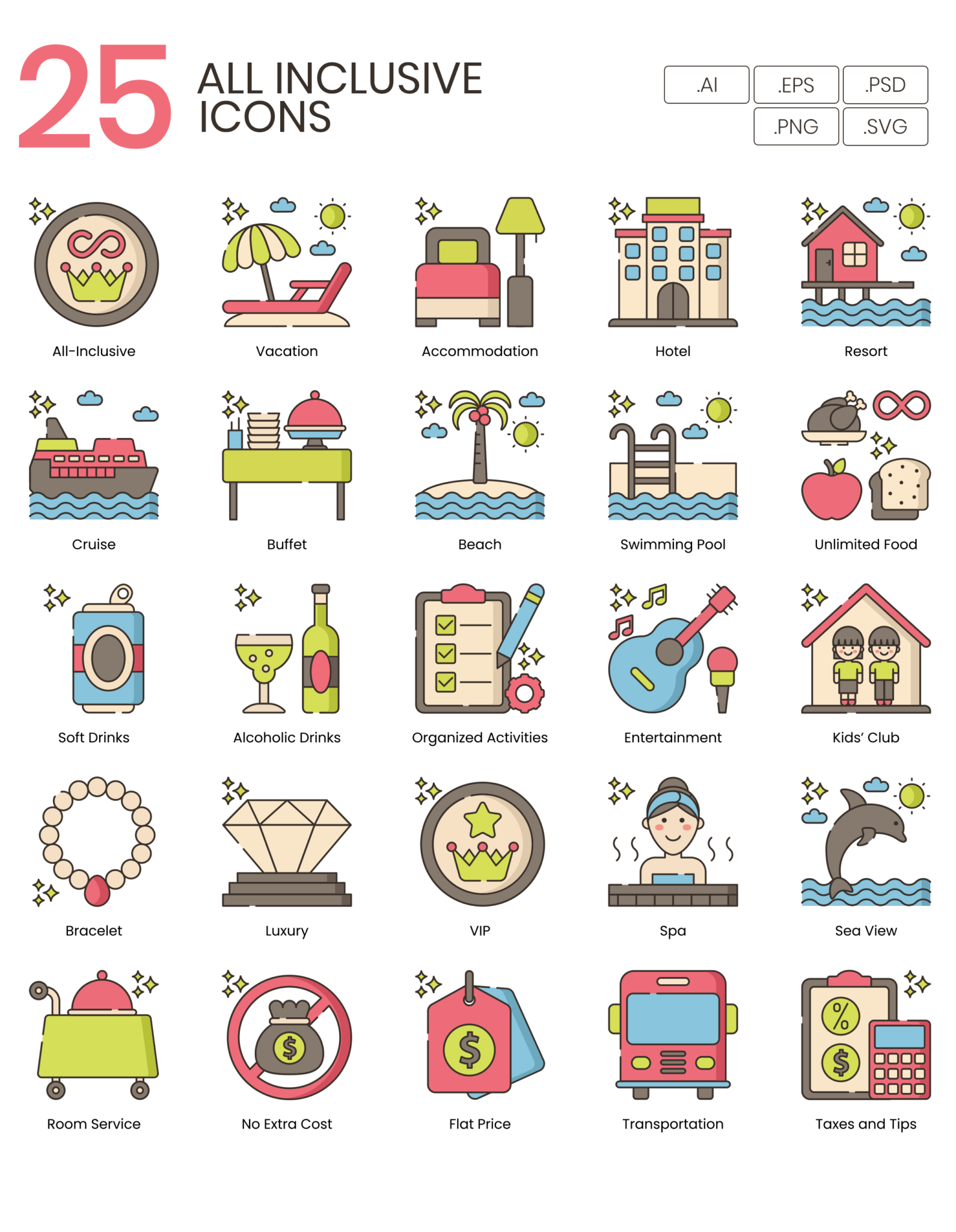 25 All-Inclusive Icon Set - Flat Icons