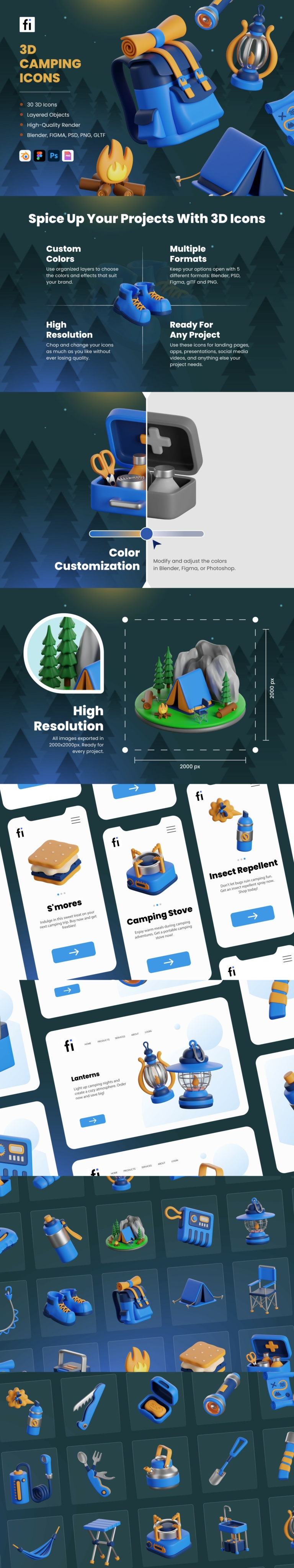 3D Camping Icon Set - Flat Icons