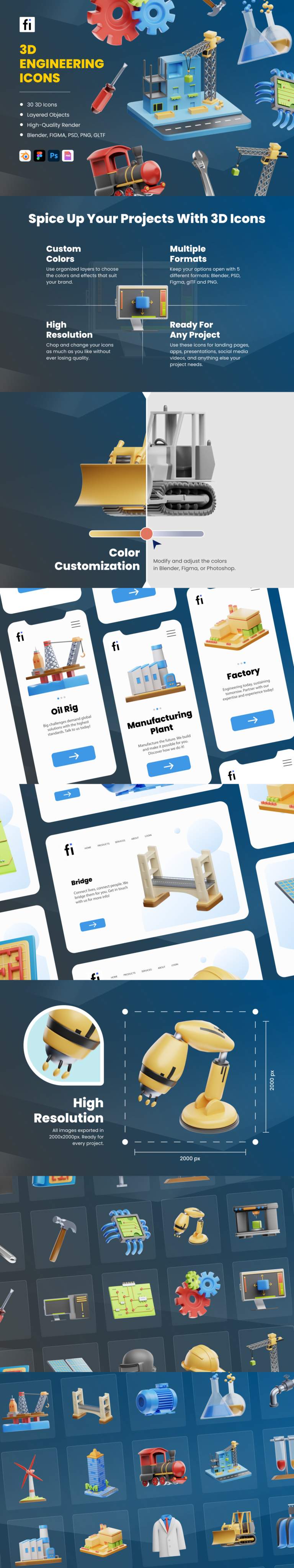 3D Engineering Icon Set - Flat Icons