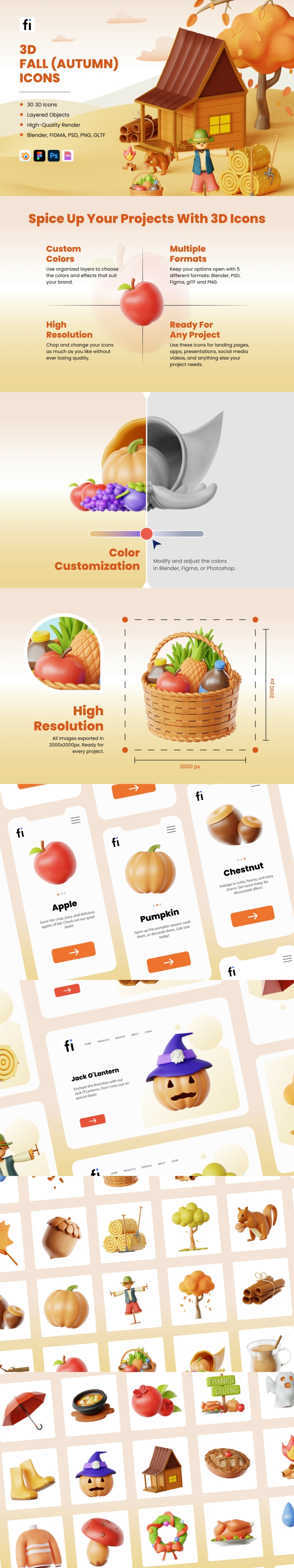 3D Fall (Autumn) Icon Set - Flat Icons