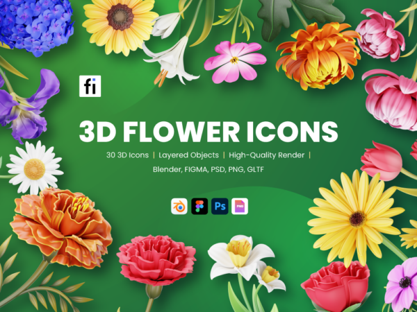 3D Flower Icon Set - Flat Icons