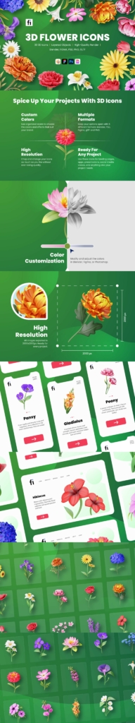 3D Flower Icon Set - Flat Icons