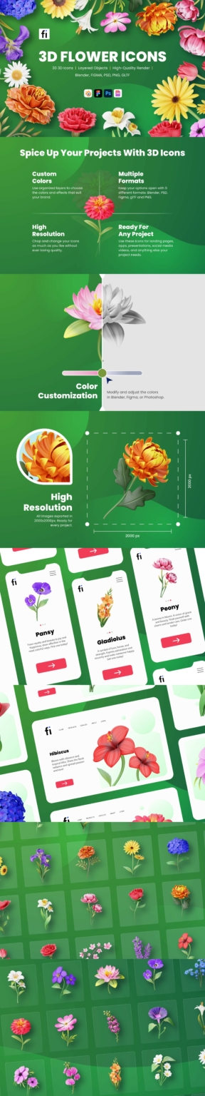 3D Flower Icon Set - Flat Icons