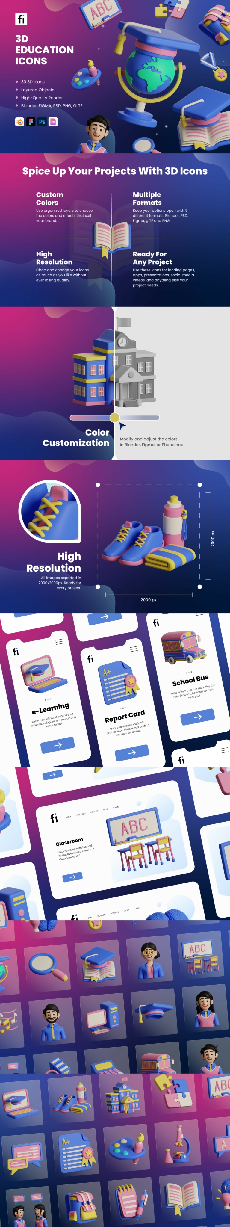 3D Education Icon Set - Flat Icons