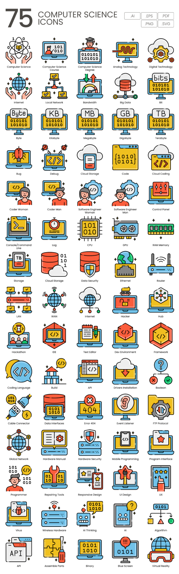 75 Computer Technology Icon Set - Flat Icons