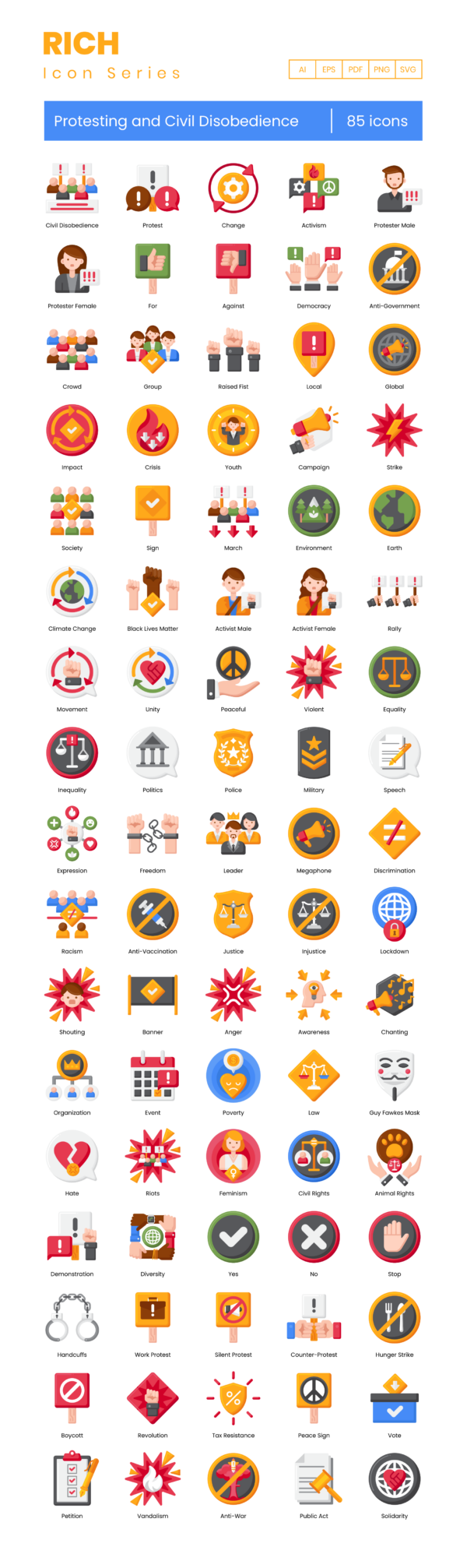 85 Protesting and Civil Disobedience Icon Set - Flat Icons