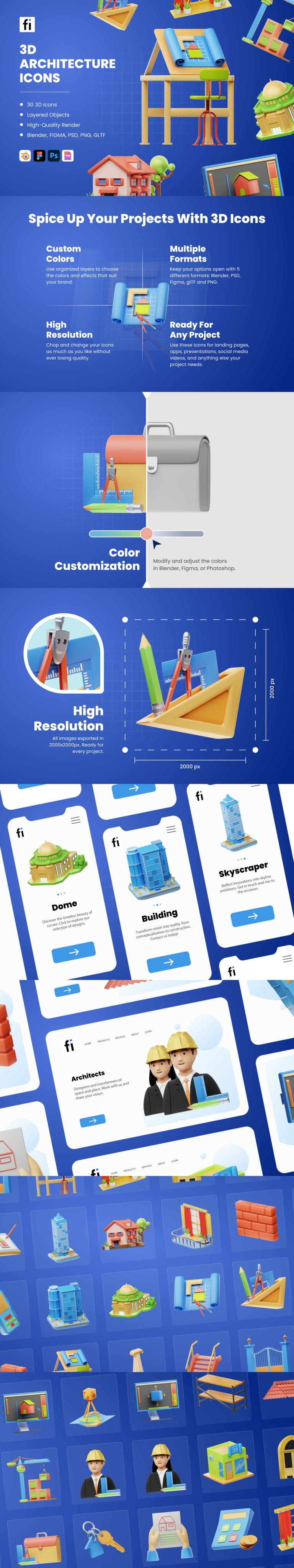 3D Architecture Icon Set - Flat Icons