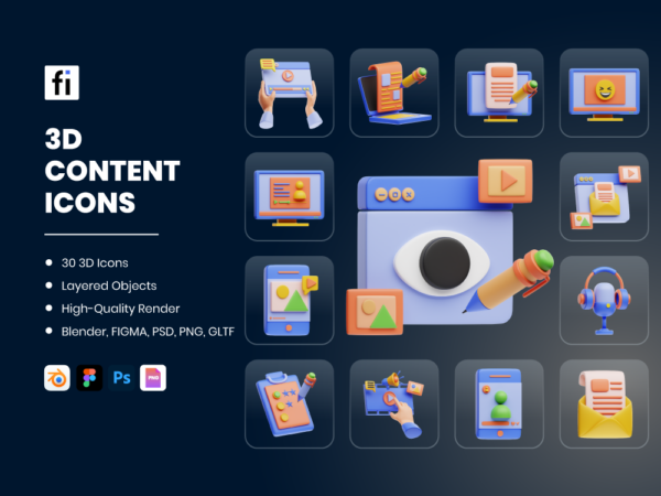 3D Content Icon Set - Flat Icons