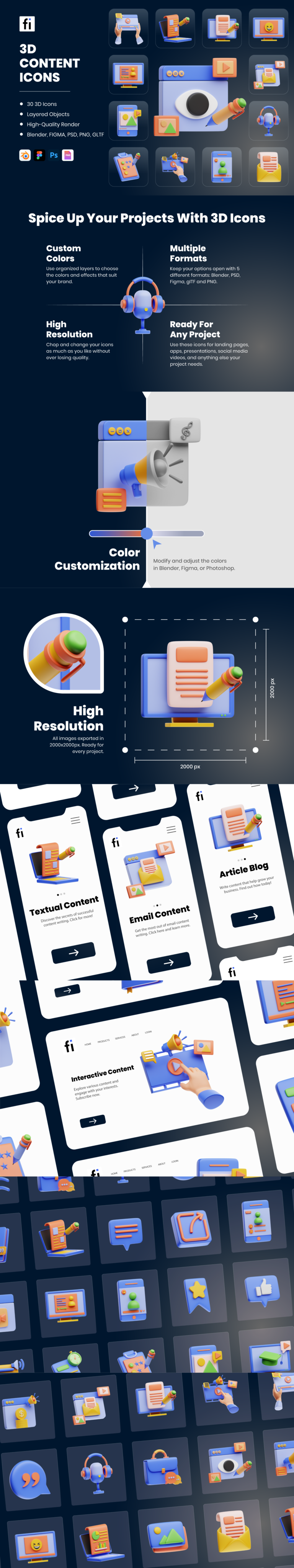 3D Content Icon Set - Flat Icons